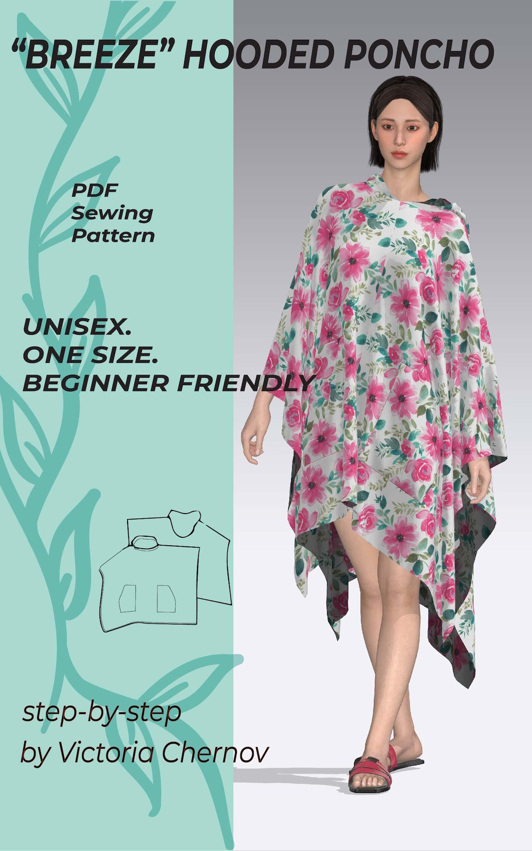 BREEZE Hooded Poncho Sewing Pattern – PDF Unisex Pullover, One Size ...