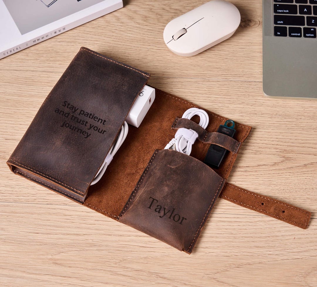 Handmade Leather Charger and Cable Organizer Bag, Cord Organizer ...