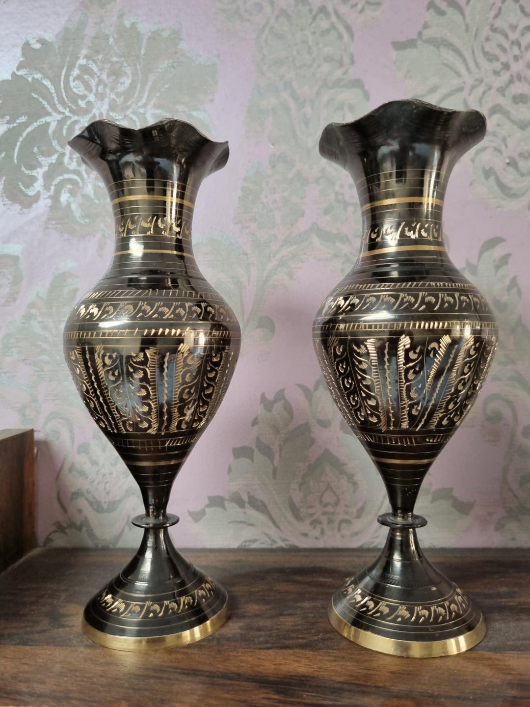 Pair of Handcrafted Brass Flower Vases: Pakistani Engraved Decor - Etsy