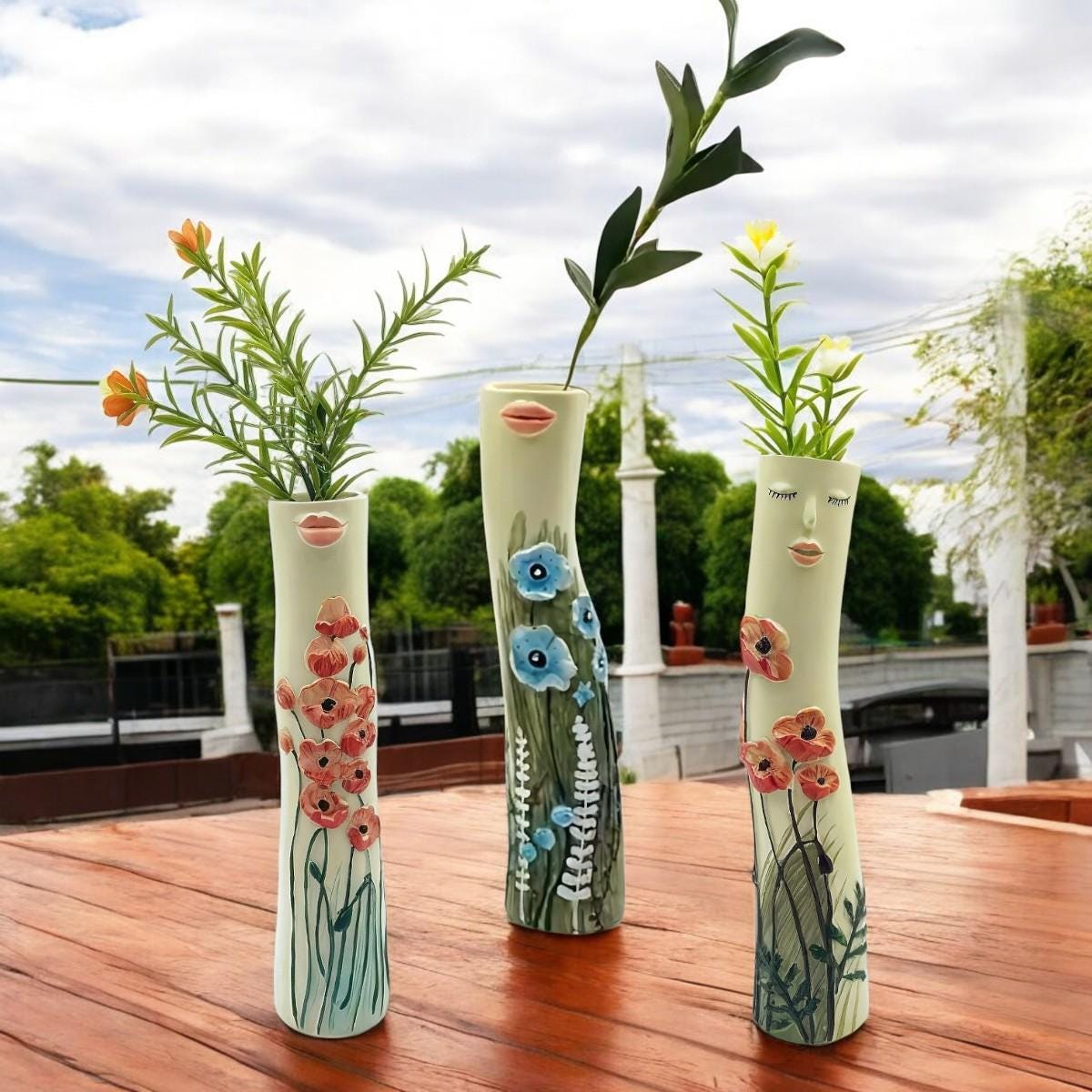Floral Portrait Family Bud Vase | Boho Hand-painted Face & Flower Vase ...