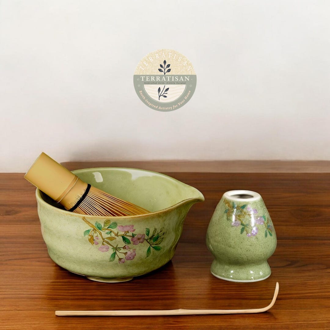 Handmade Floral Matcha Set – Ceramic Bowl, Bamboo Whisk, Tea Ceremony ...