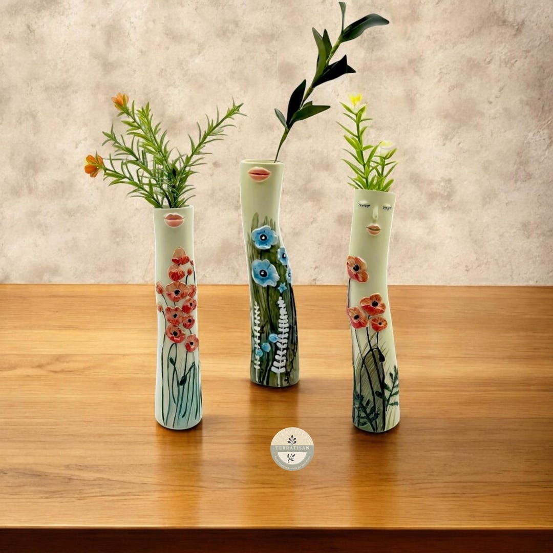 Floral Portrait Family Bud Vase | Boho Hand-painted Face & Flower Vase ...