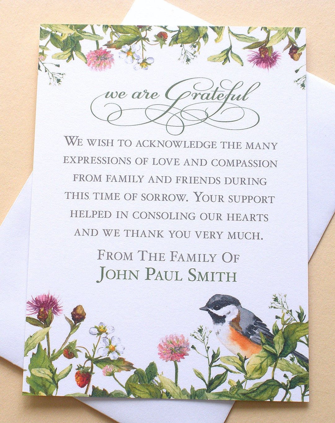 Spring Flowers With a Bird Funeral Thank You Notes - Custom - FLAT ...