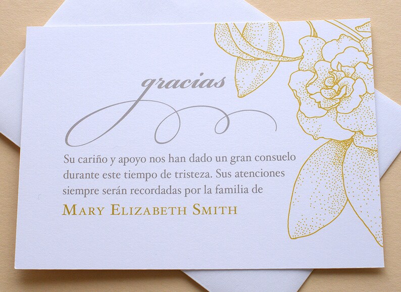 English OR Spanish Sympathy Thank You Cards With a Big Yellow Gardenia ...