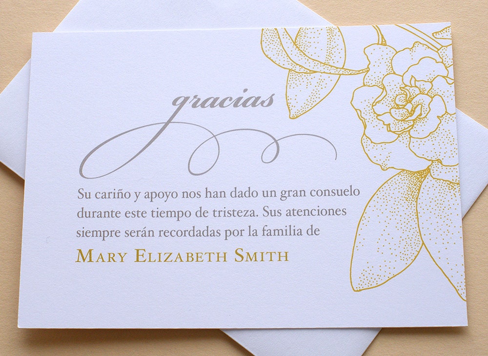 English OR Spanish Sympathy Thank You Cards With a Big Yellow Gardenia ...