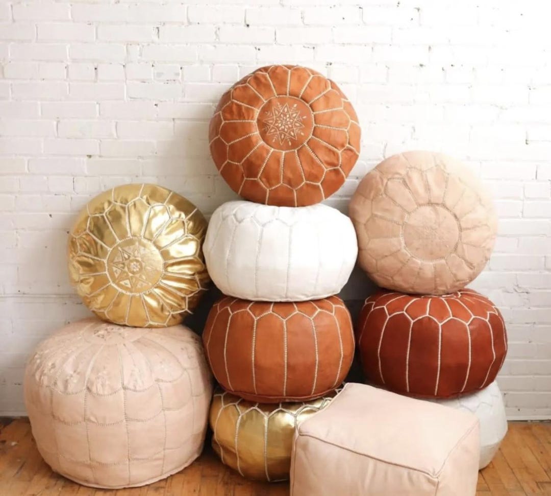 Handmade Moroccan Leather Poufs Set – Authentic Round & Square Ottomans ...