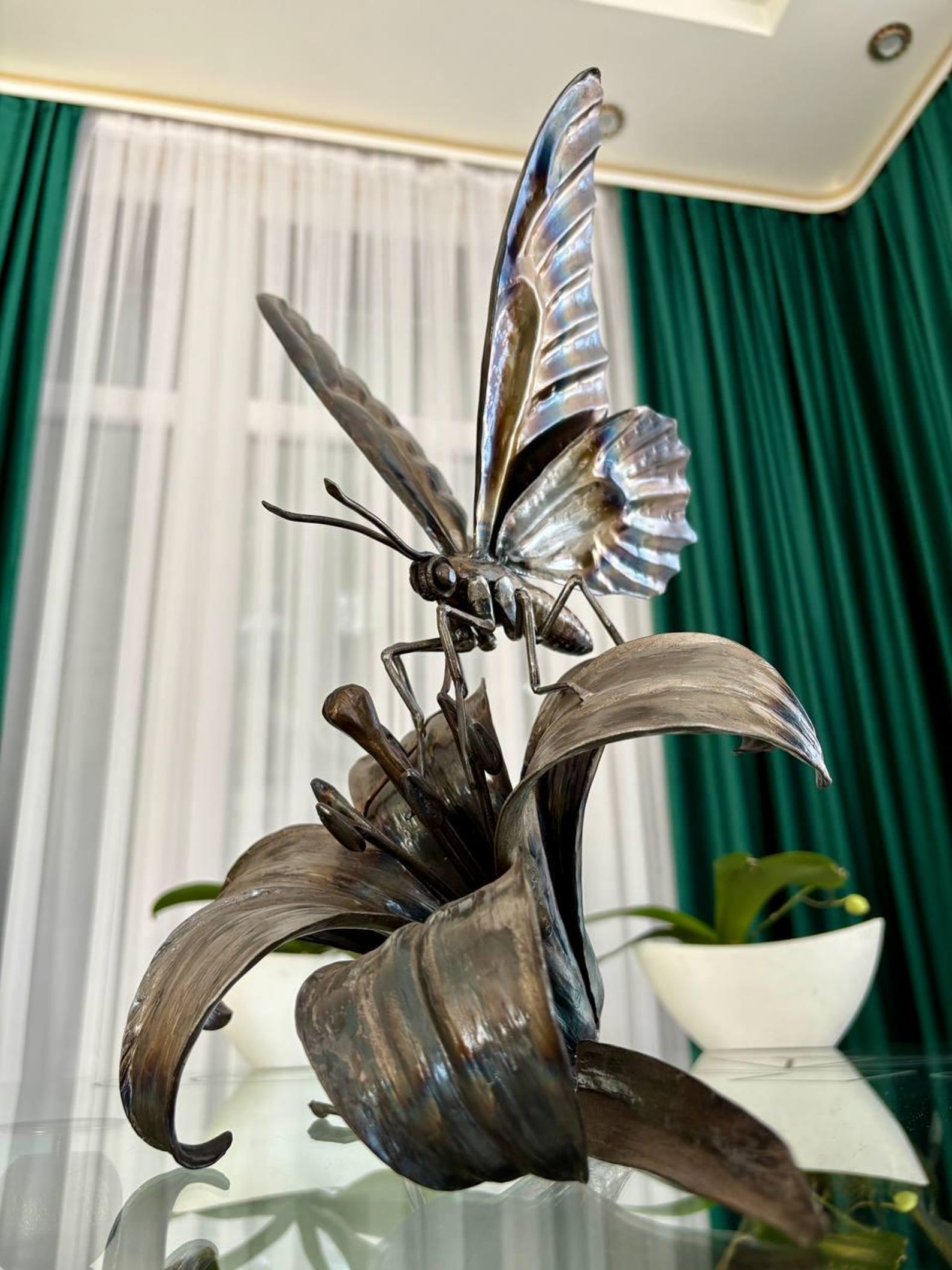 Handmade Metal Sculpture of a Butterfly and a Forged Lily, Custom ...