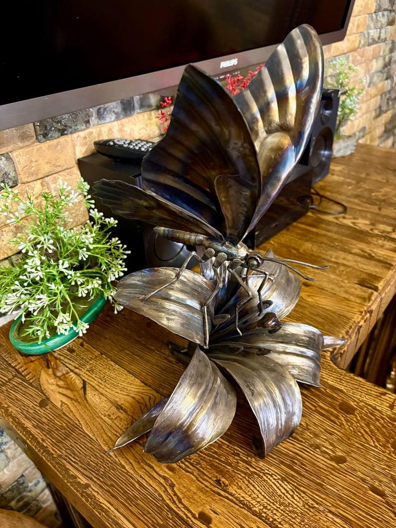 Handmade Metal Sculpture of a Butterfly and a Forged Lily, Custom ...
