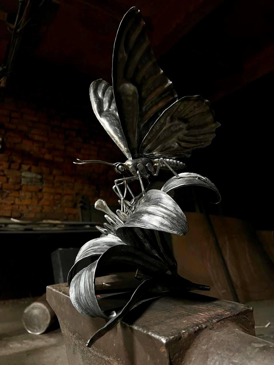 Handmade Metal Sculpture of a Butterfly and a Forged Lily, Custom ...