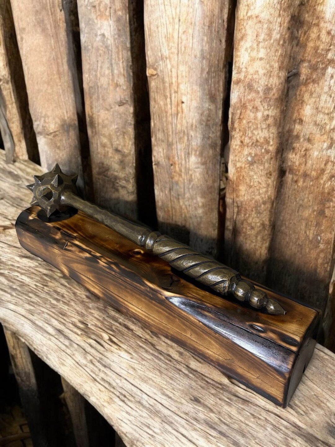 Hand-forged Mace With Burnt Wood Stand: Medieval Warrior Style Decor ...