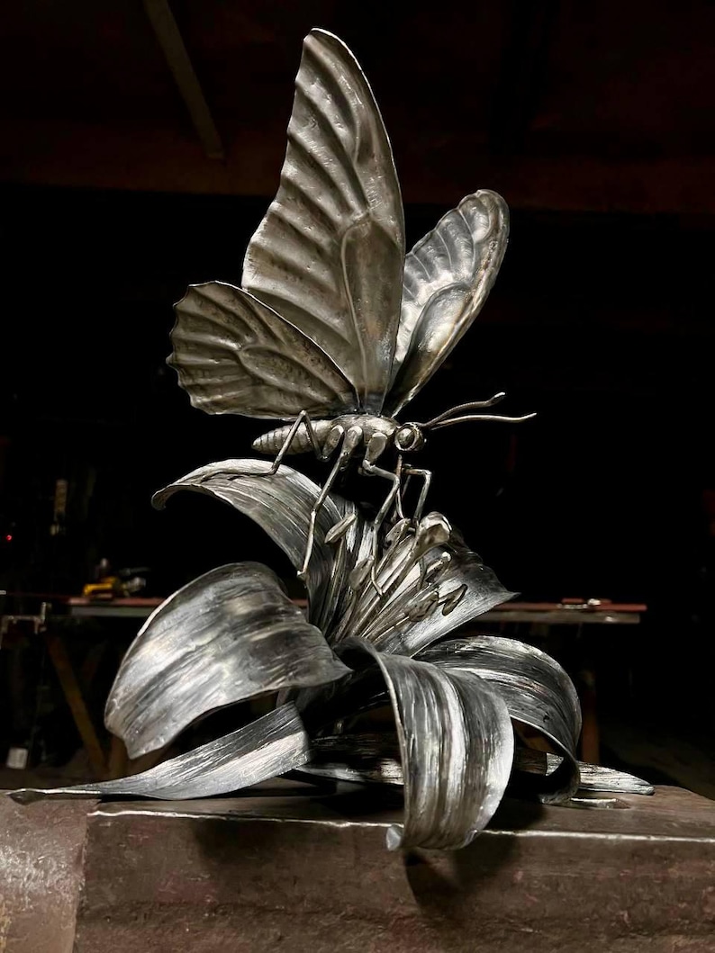 Handmade Metal Sculpture of a Butterfly and a Forged Lily, Custom ...