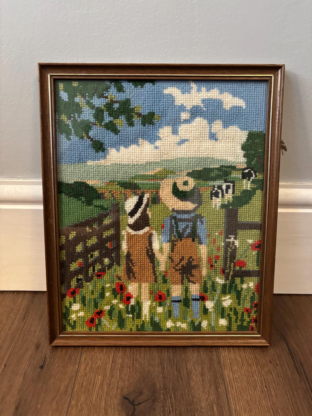 Vintage Needlepoint Tapestry Girl Boy Farmyard Country Scene Cows Cottagecore - Etsy