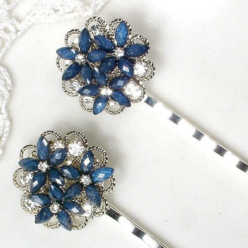 Navy Sapphire Rhinestone Bridal Hair Pins Silver Something - Etsy