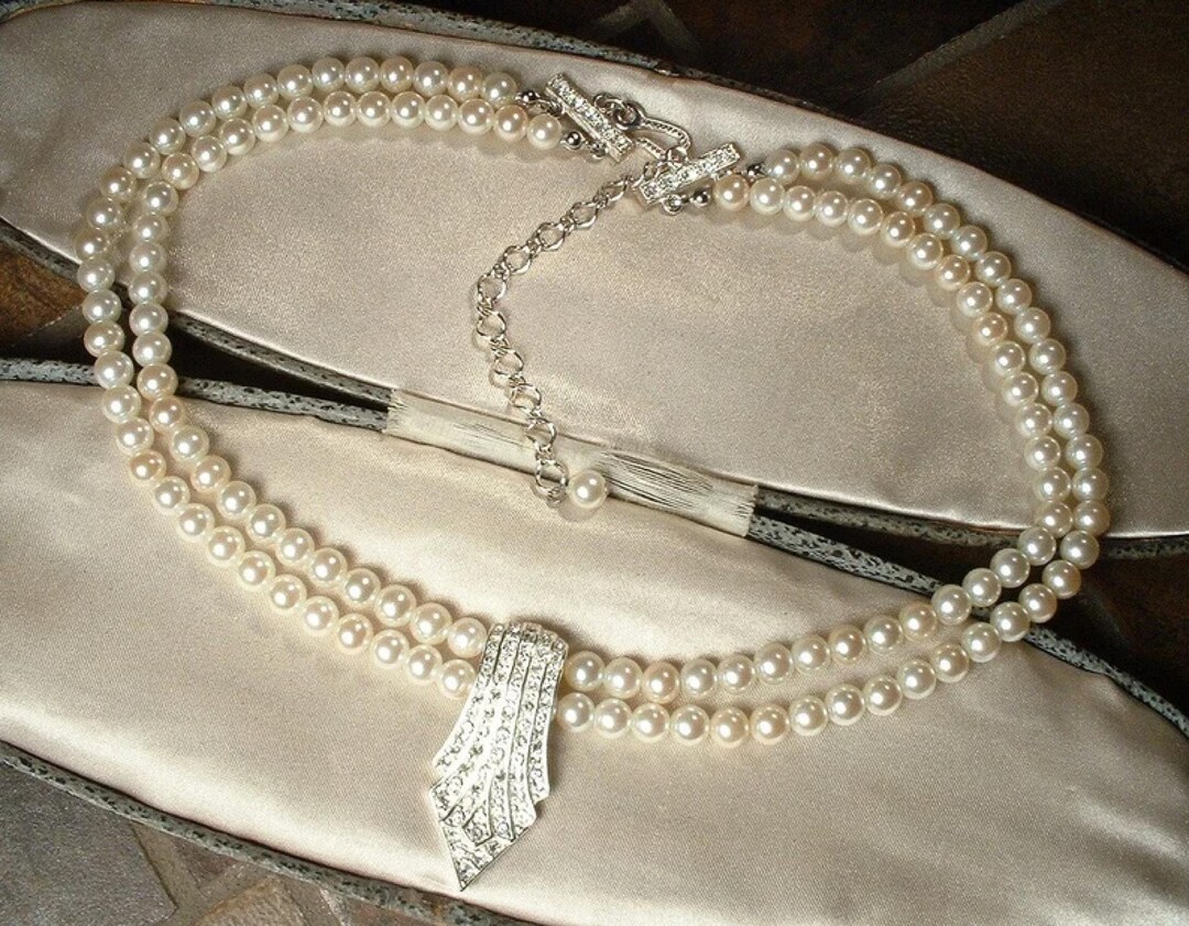 Pristine Vintage Art Deco Pave Rhinestone Ivory Pearl Bridal Necklace ...