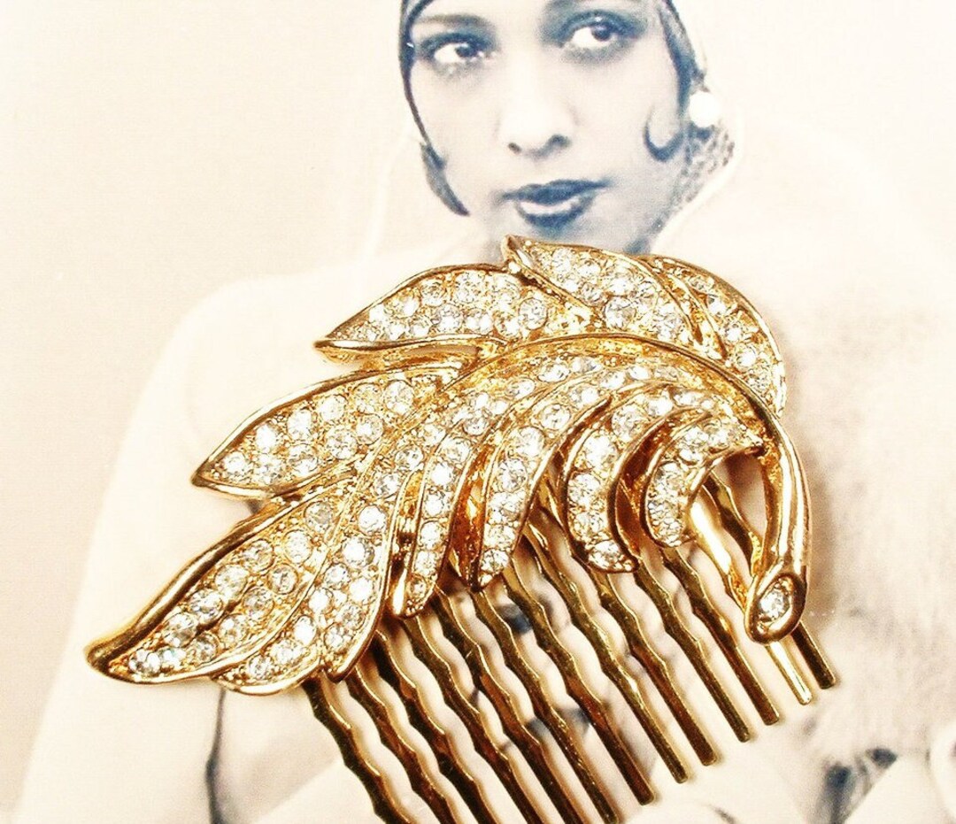 Art Deco Gold Bridal Hair Comb,crystal Rhinestone Leaf/feather Brooch ...