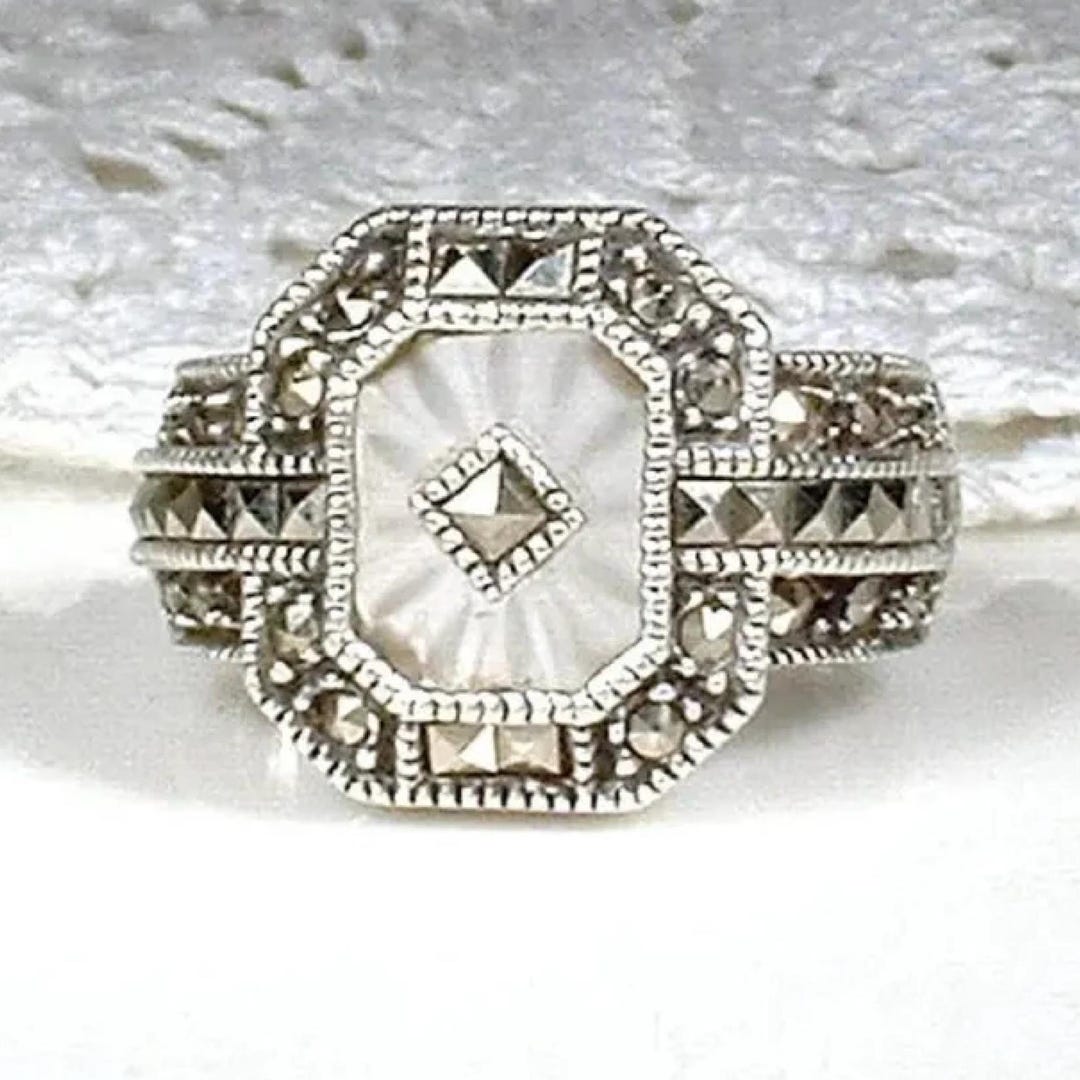 Vintage Marcasite Camphor Glass Ring, JUDITH JACK Sterling Silver ...