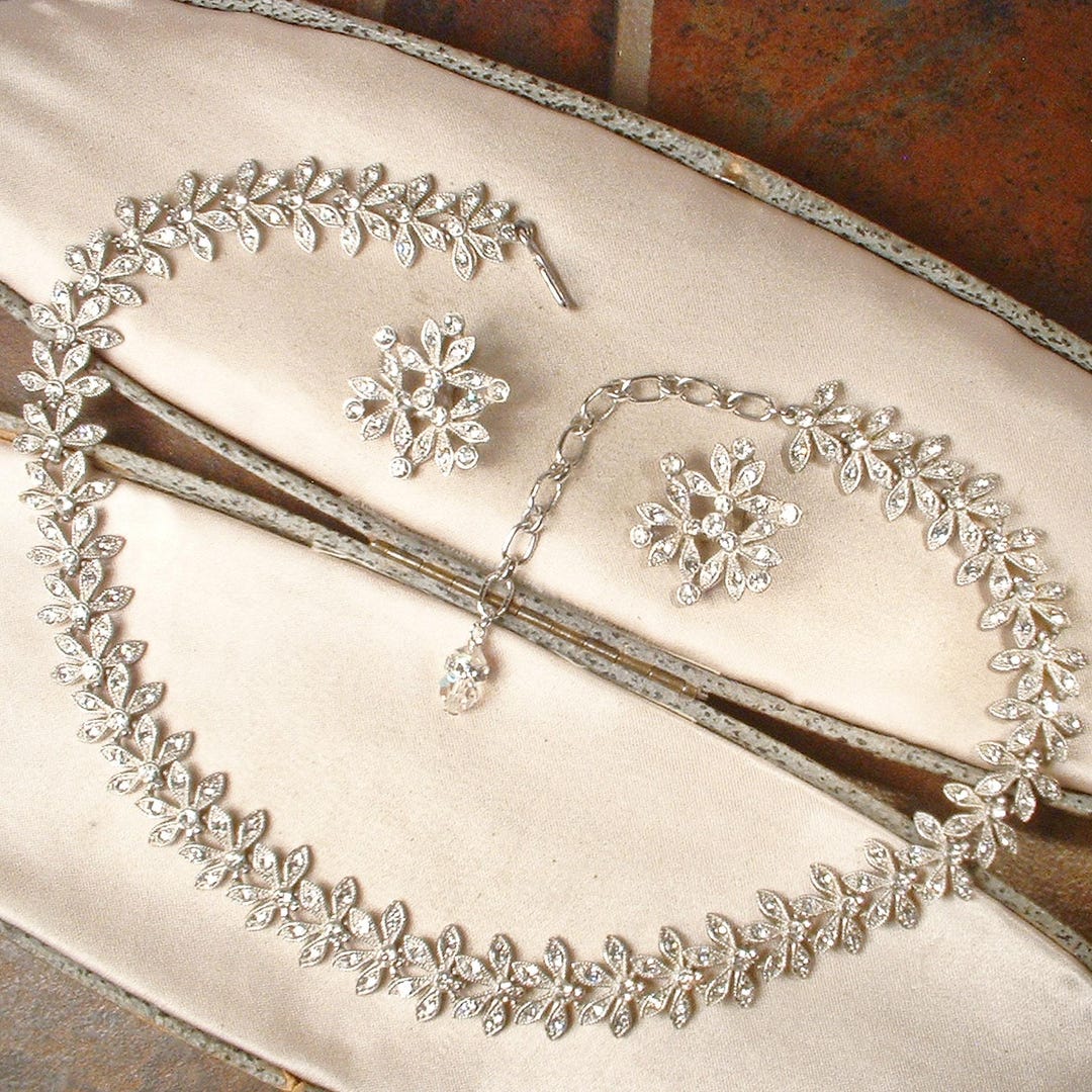 Vintage 1940s Art Deco Rhinestone Bridal Necklace/earrings Set, ORA Old ...