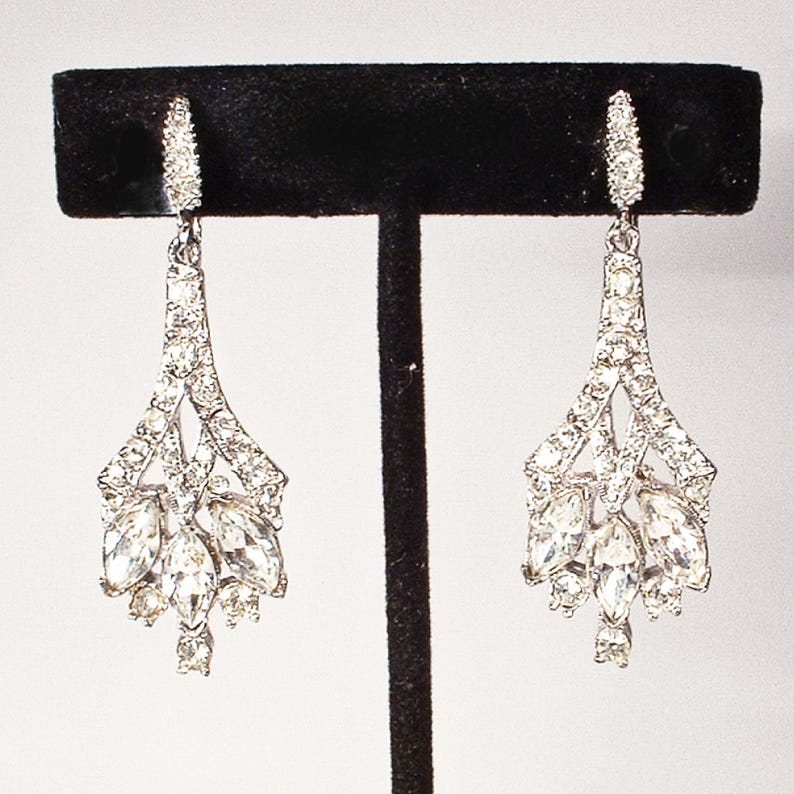 Vintage Art Deco Crystal Rhinestone Dangle Earrings, 1940s Silver Long ...