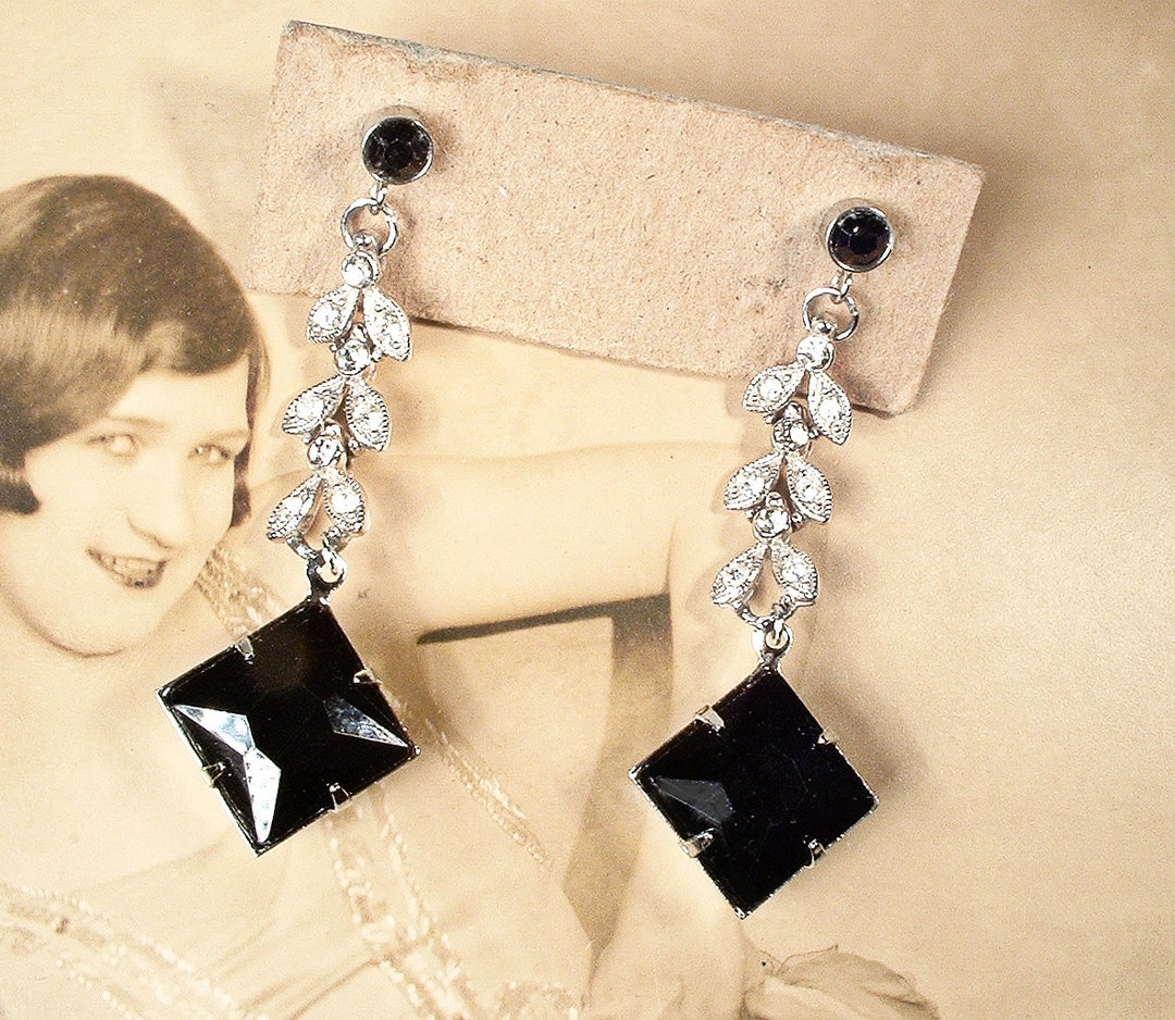 Vintage Art Deco Black Glass & Crystal Rhinestone Flapper Earrings ...