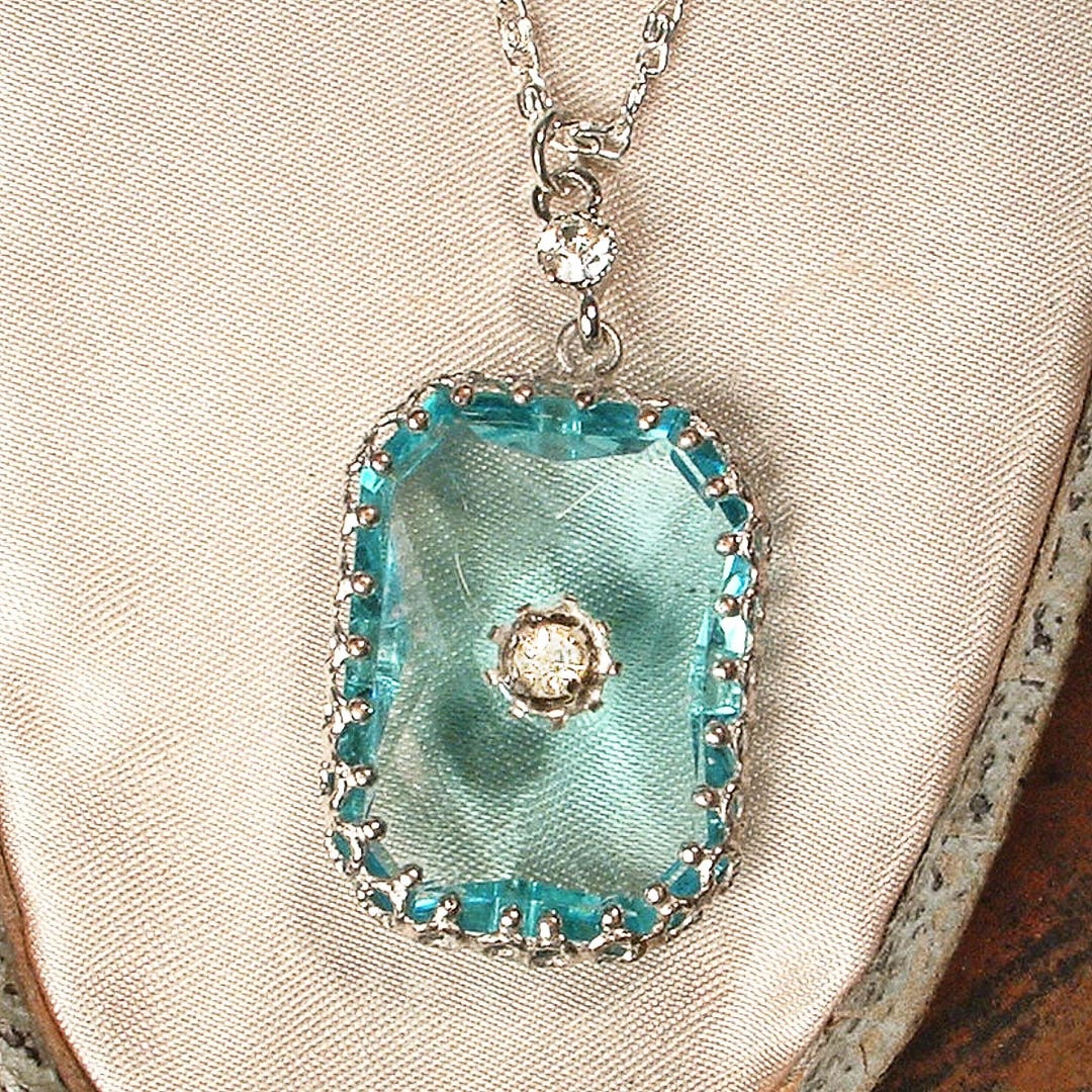 Antique Art Deco Aqua Blue Cut Crystal Necklace, Silver Paste ...