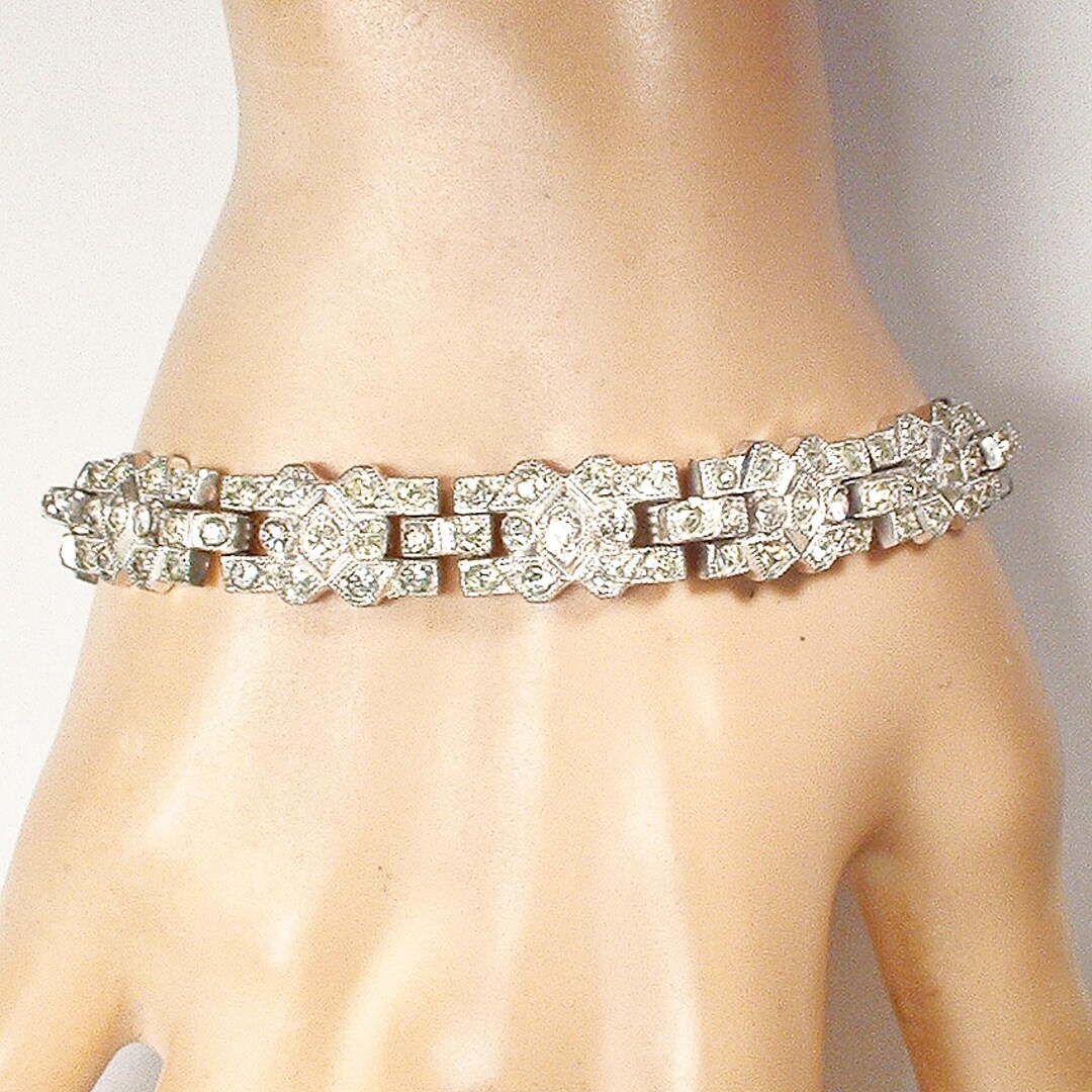 Antique Art Deco Bracelet, Rhinestone Flapper Bridal, Silver Link Great ...
