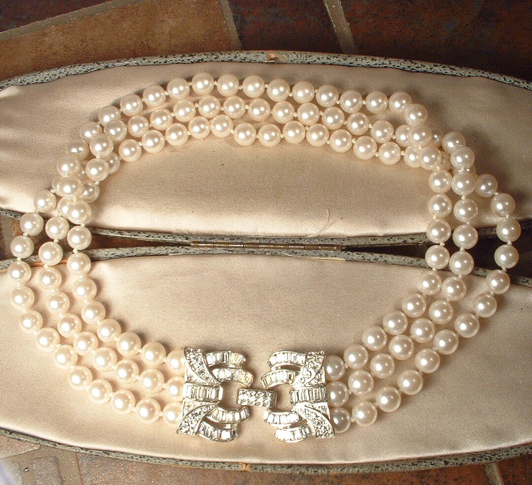 PRISTINE Vintage Ivory Glass Pearl/rhinestone Bridal Necklace, CAROLEE ...