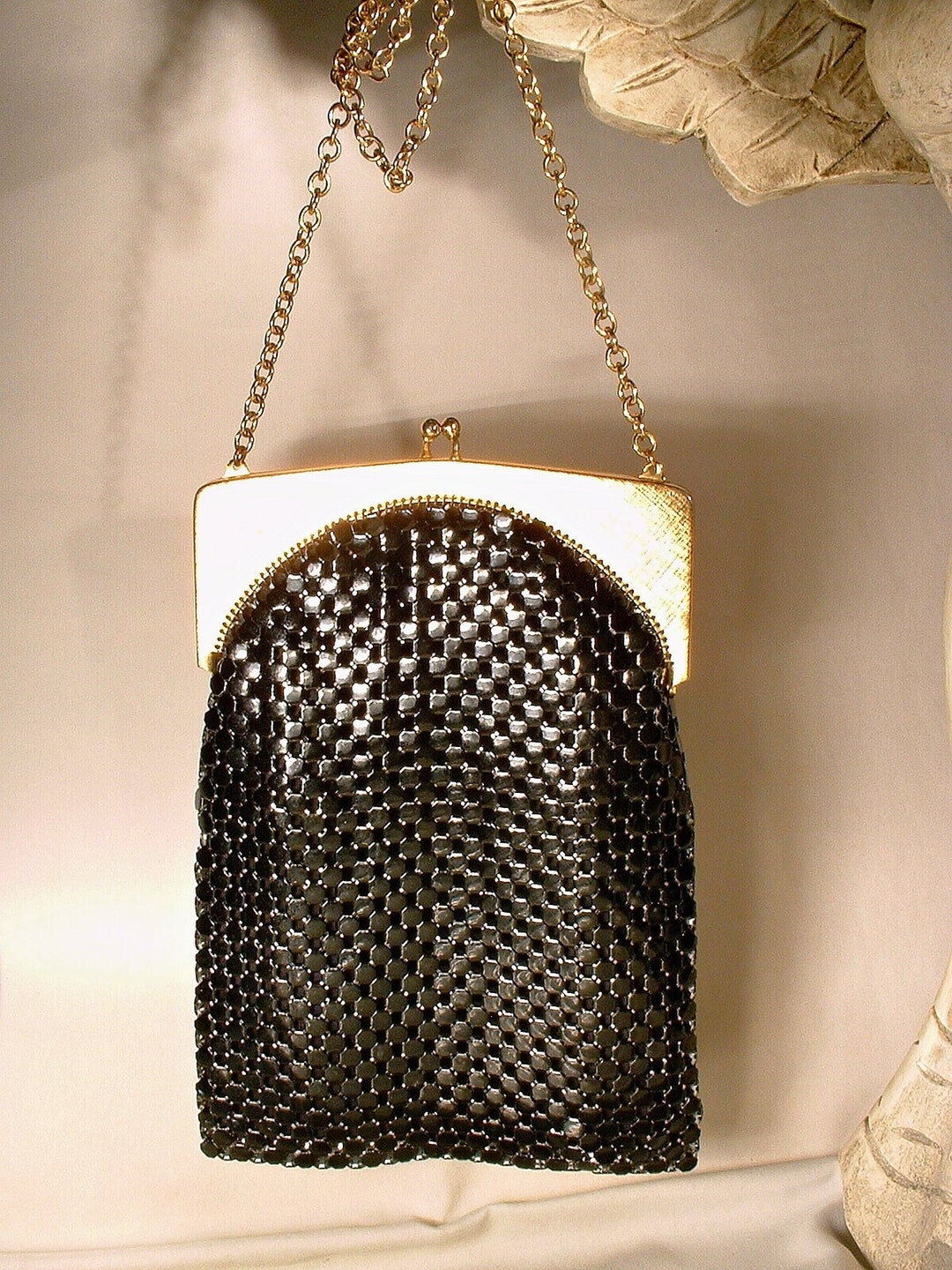 PRISTINE Art Deco Black Flapper Purse Bridal, Whiting Davis Gold Mesh ...