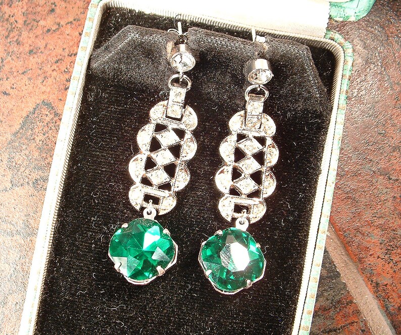 Vintage Art Deco Emerald Green Rhinestone Earrings, Antique 1920s ...