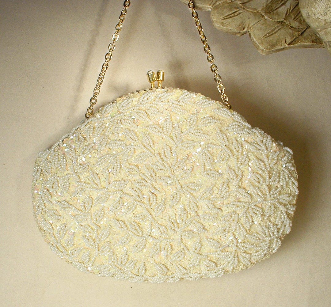 PRISTINE Ivory/white Beaded Flapper Purse,walborg Art Deco Rhinestone ...