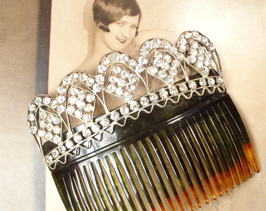 Antique Art Deco Large Celluloid Tortoiseshell Rhinestone Mantilla Back ...