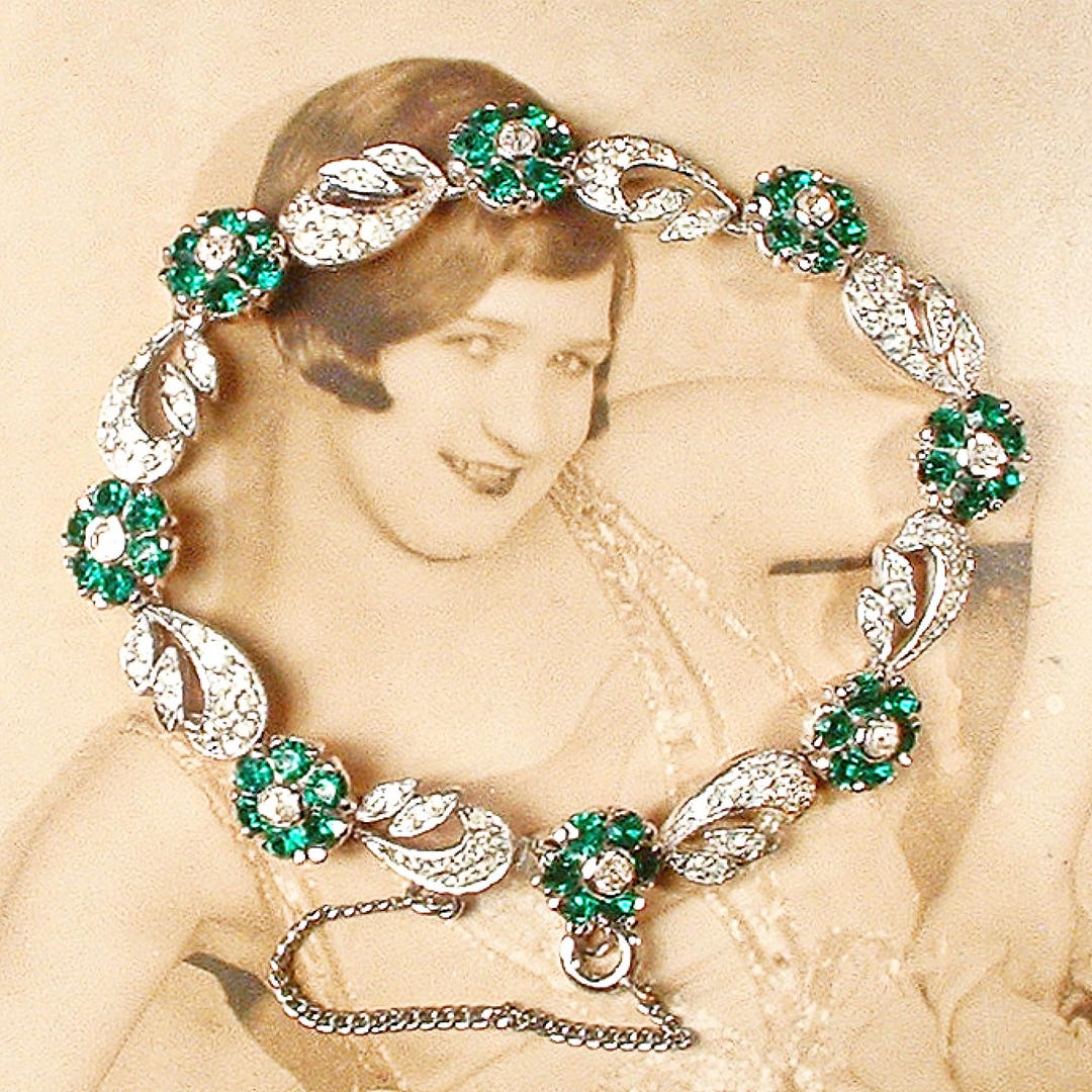 Vintage Art Deco Emerald Green Bracelet, 1940s Silver Crystal ...