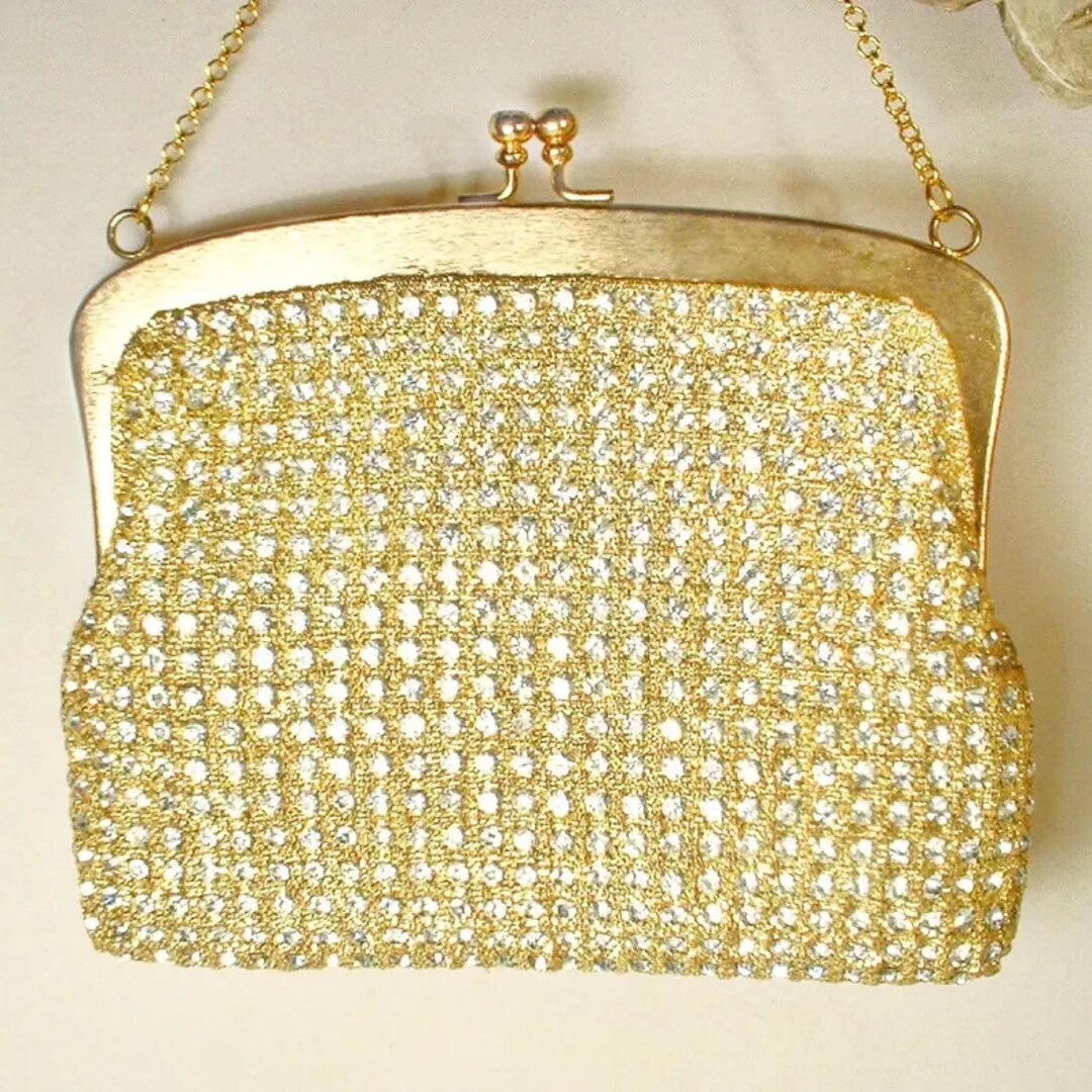 PRISTINE Vintage Gold Rhinestone Purse, Aft Deco Flapper Beaded Clutch ...
