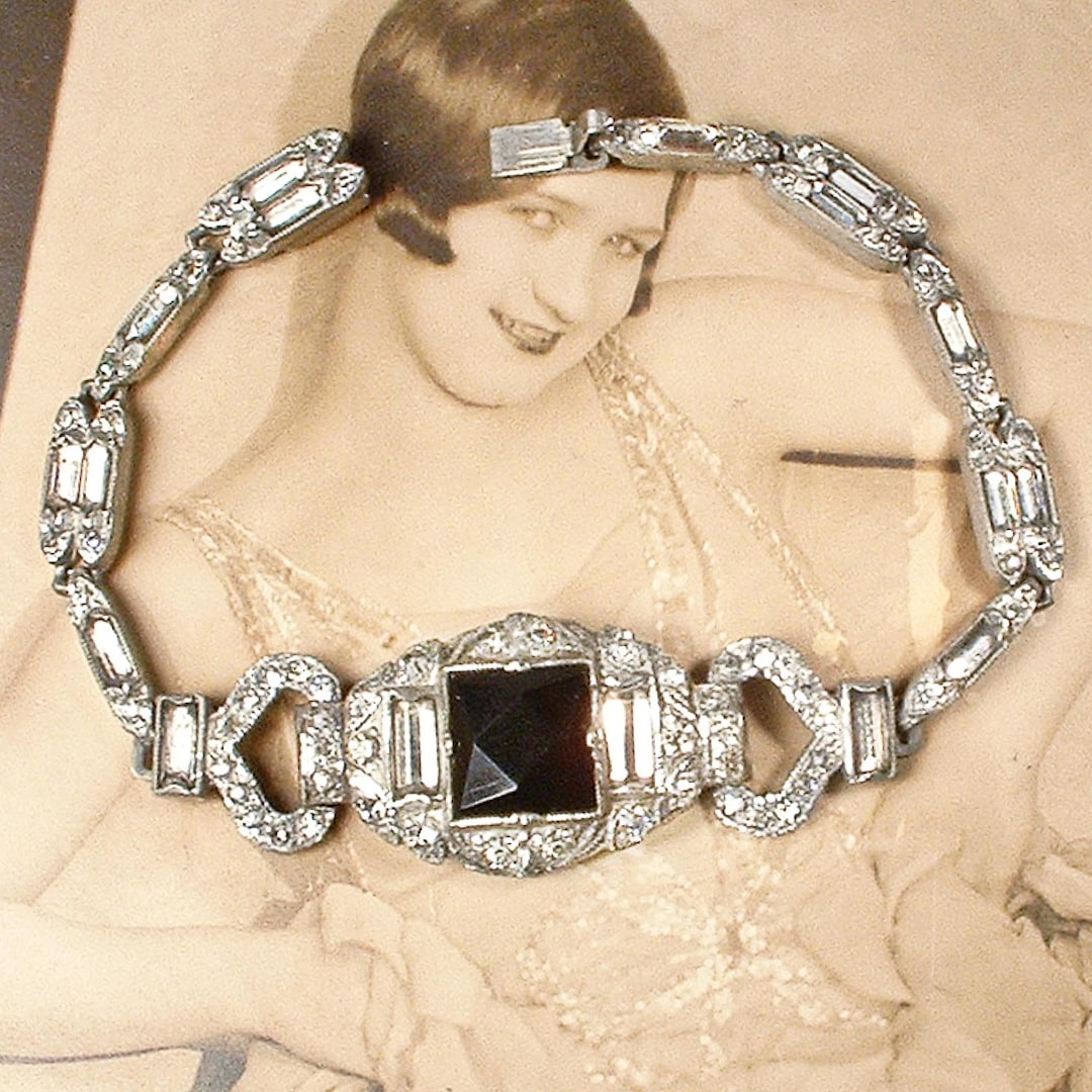 ANTIQUE Art Deco Nov-e-line Black Rhinestone Bracelet, 1930s Paste ...