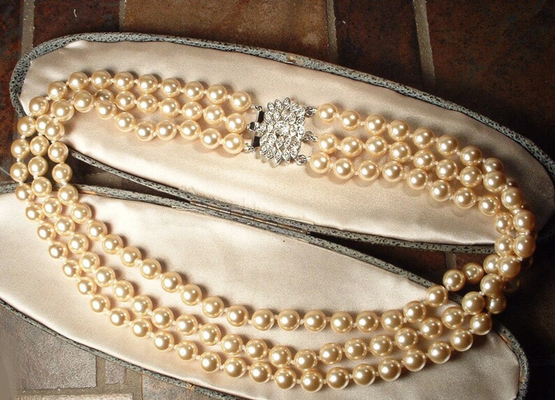 PRISTINE Champagne Ivory Glass Pearl/rhinestone Bridal Necklace ...