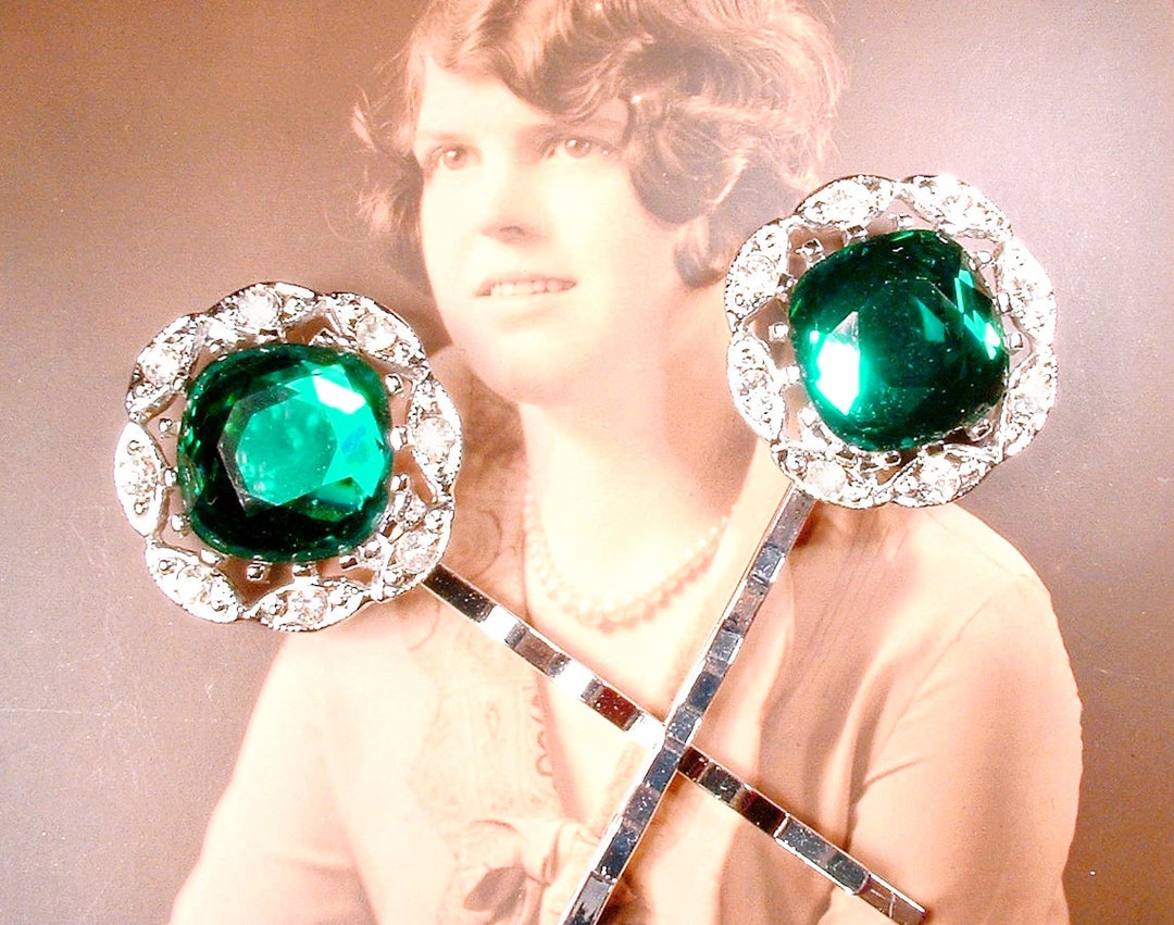 Vintage Art Deco Emerald Green Hair Pins, Paste Rhinestone Silver ...