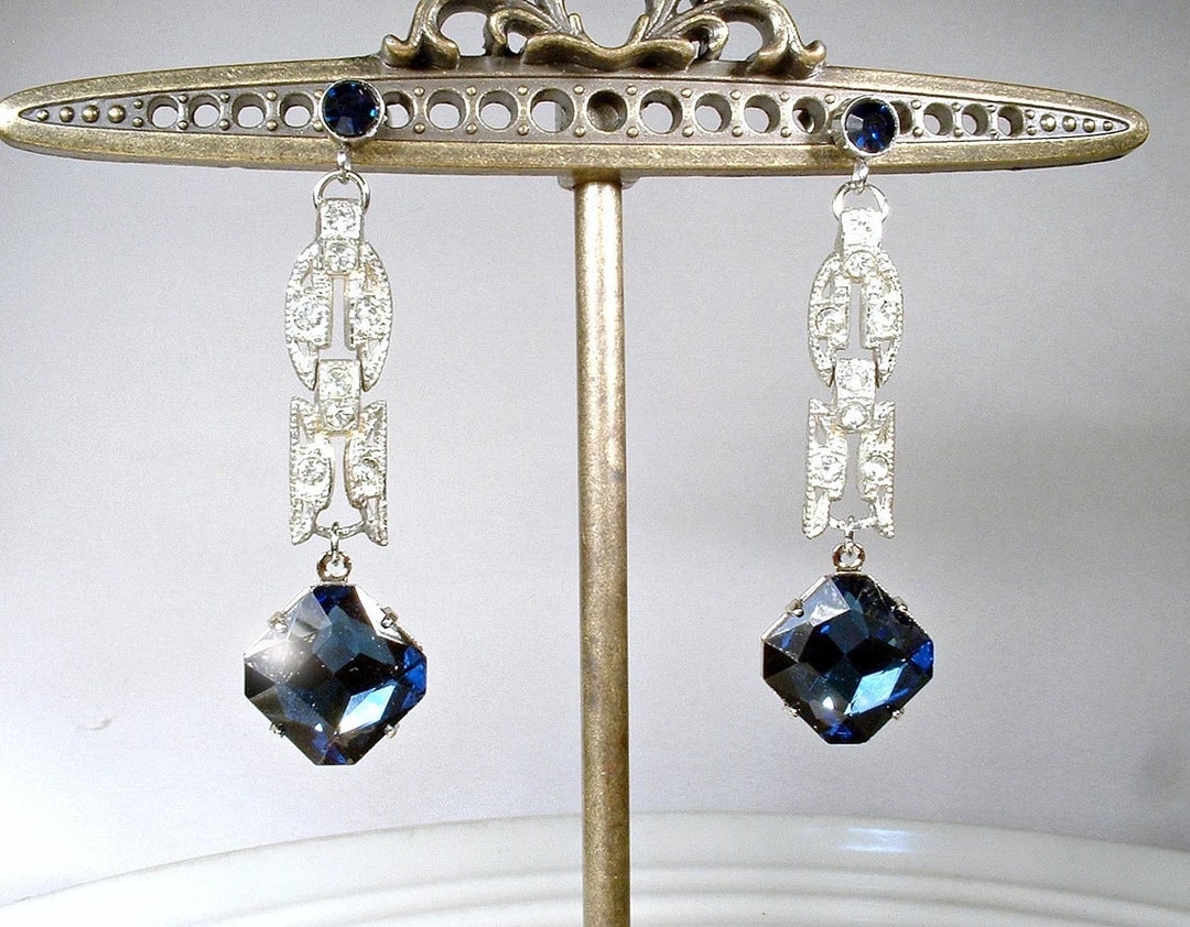 Vintage Art Deco Flapper Sapphire Rhinestone Dangle Earrings, Bridal ...