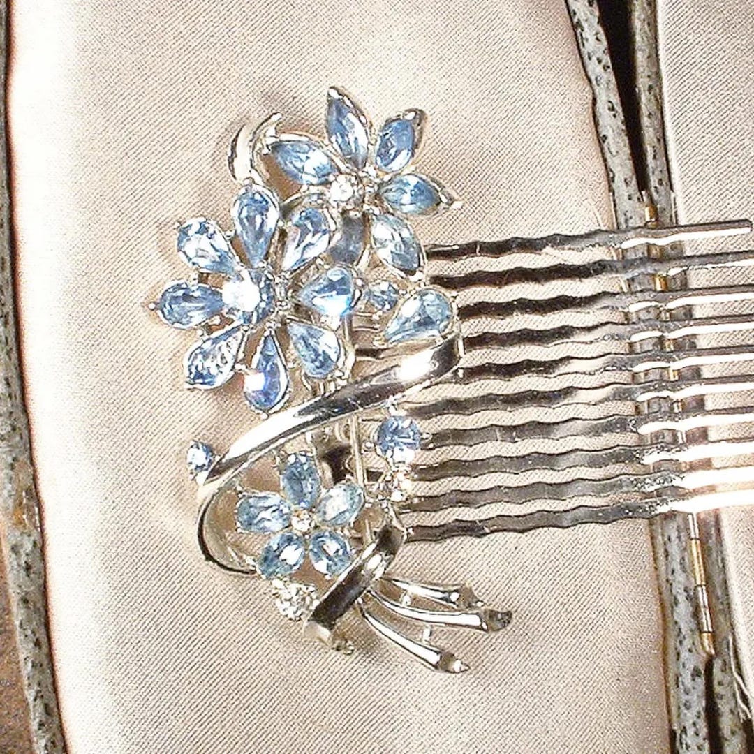 OOAK Vintage Light Blue Bridal Hair Comb/brooch, CORO Silver Powder ...