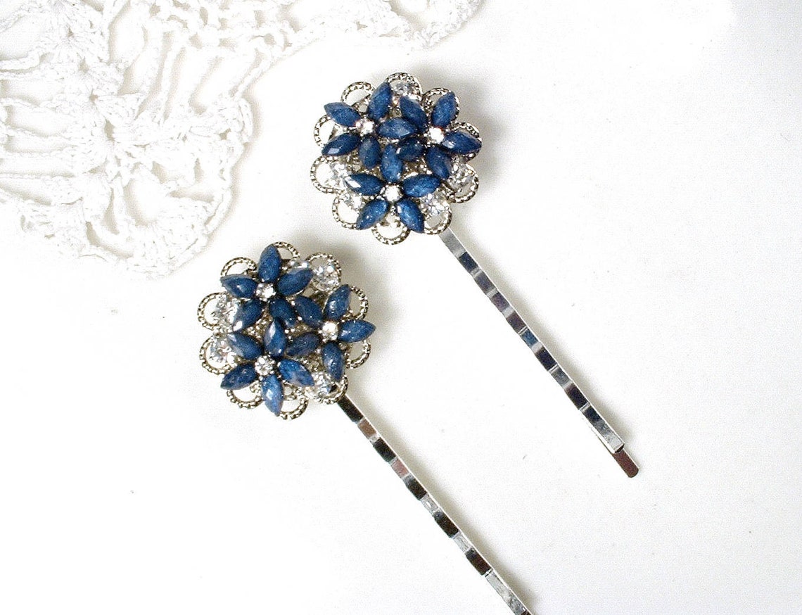 Navy Sapphire Rhinestone Bridal Hair Pins, Silver Something Blue ...