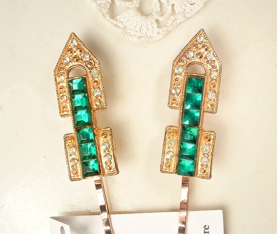 ANTiQue 1930s Art Deco Emerald Rhinestone Hair Pins, … - Gem