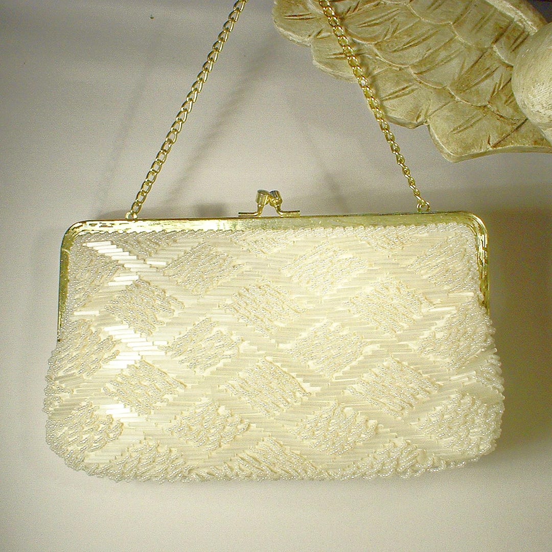 PRISTINE Ivory/white Beaded Flapper Purse,walborg Art Deco Rhinestone ...