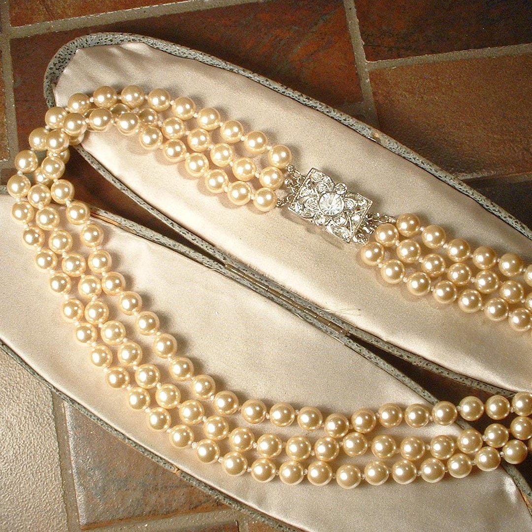 Vintage Champagne Ivory Glass Pearl/rhinestone Necklace,bridal Art Deco ...