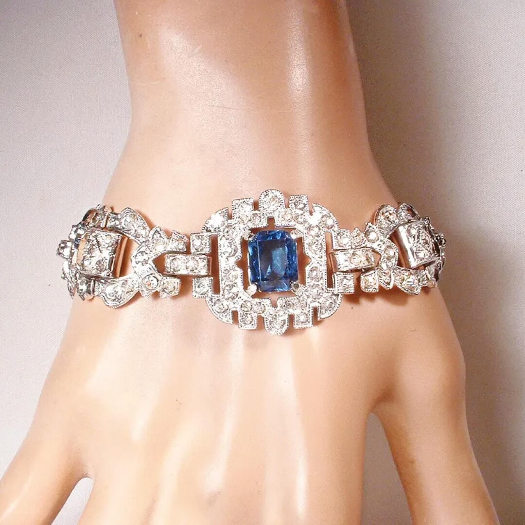 Vintage Navy Sapphire Rhinestone Art Deco Bracelet, WIDE Link, Flapper ...