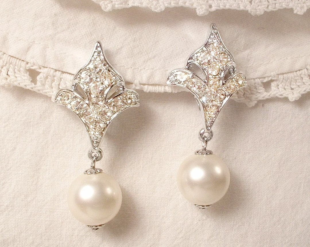 Vintage Art Deco off White/ivory Pearl Crystal Rhinestone Bridal Dangle ...