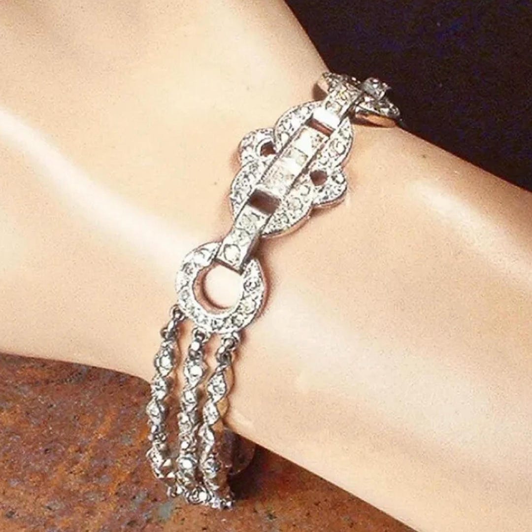 Antique 1930s Art Deco/nouveau Bracelet, Lacy Rhinestone Silver Link ...