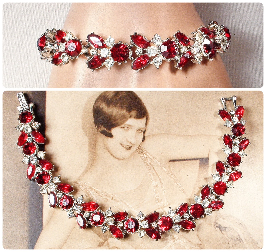 Pristine Art Deco Dark Red Rhinestone Bracelet, Vintage Bridal/wedding ...