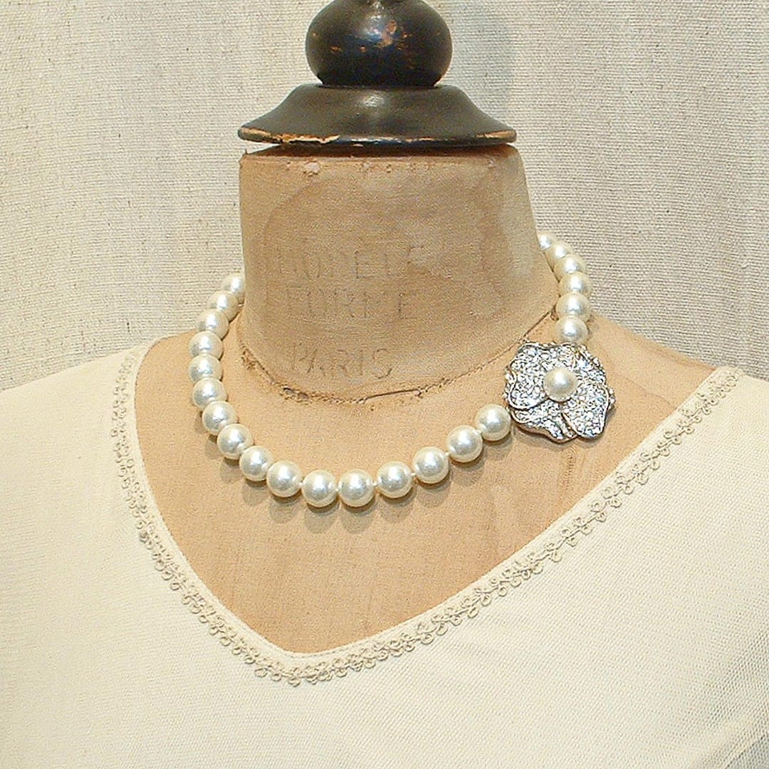 Vintage KJL Art Deco off White/ivory Pearl Necklace, Rhinestone Bridal ...