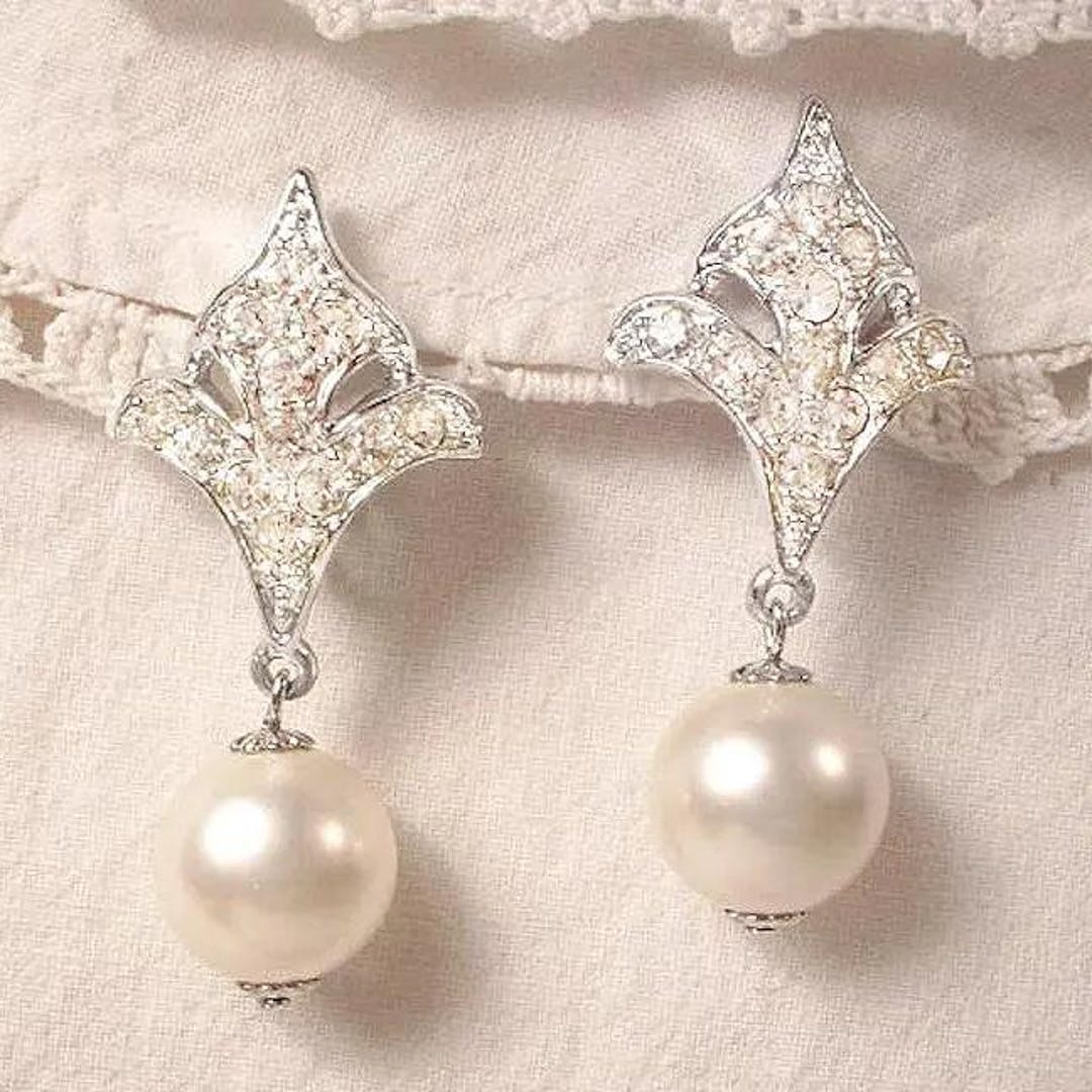 Vintage Art Deco off White/ivory Pearl Rhinestone Earrings, Bridal ...