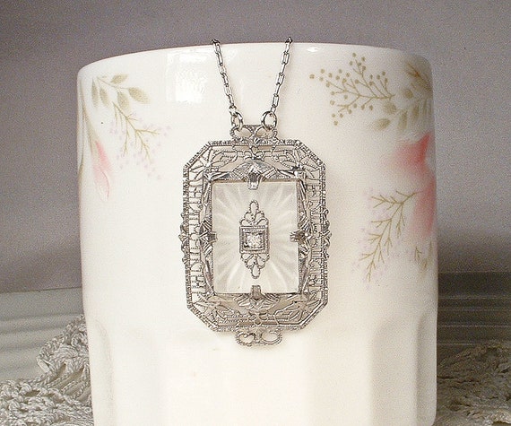 Antique Art Deco Camphor Glass Necklace,Sterling Silv… - Gem