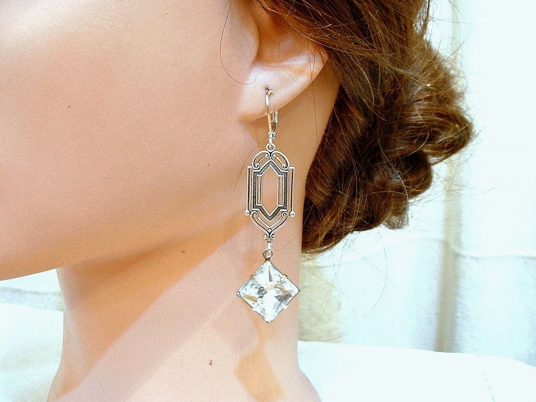 1920s Art Deco Flapper Rhinestone Dangle Earrings, Crystal Antique ...