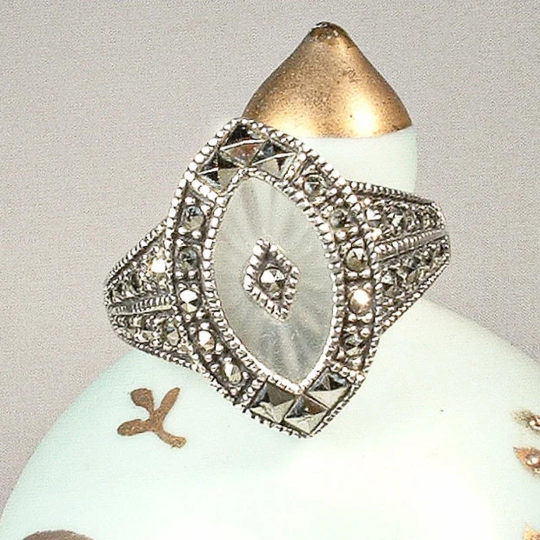 Vintage Art Deco Judith Jack Marcasite CAMPHOR Glass Ring, Sterling ...